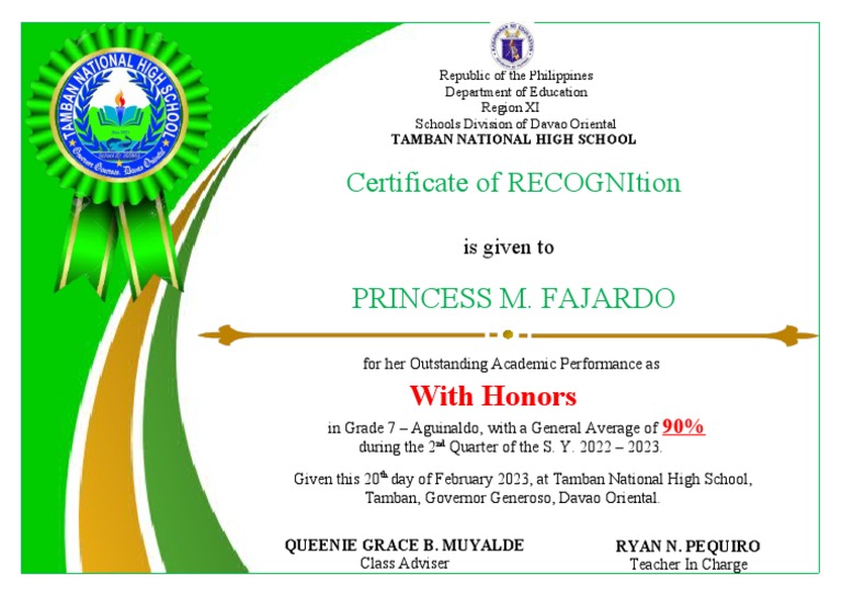 G7 Honors Award Certificate Q2 SY2022-2023 | PDF