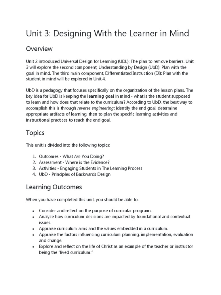 Unit 3 - Designing With the Learner in Mind (1) | PDF | Educational ...