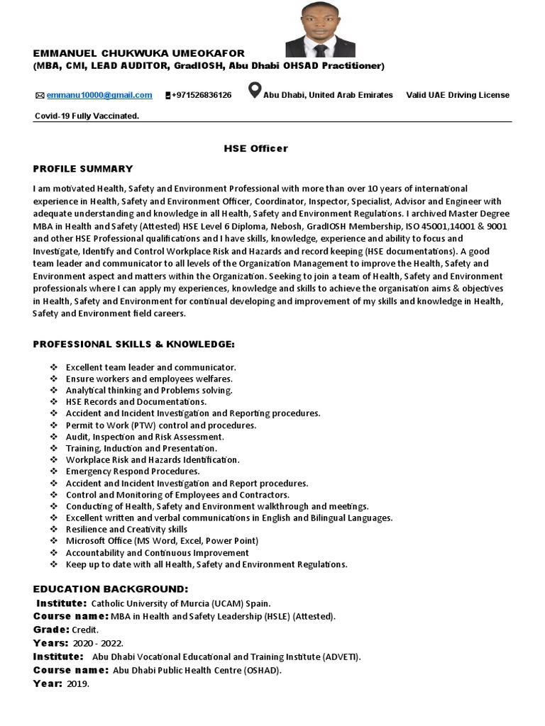 HSE Officer CV | PDF | Occupational Safety And Health | Safety