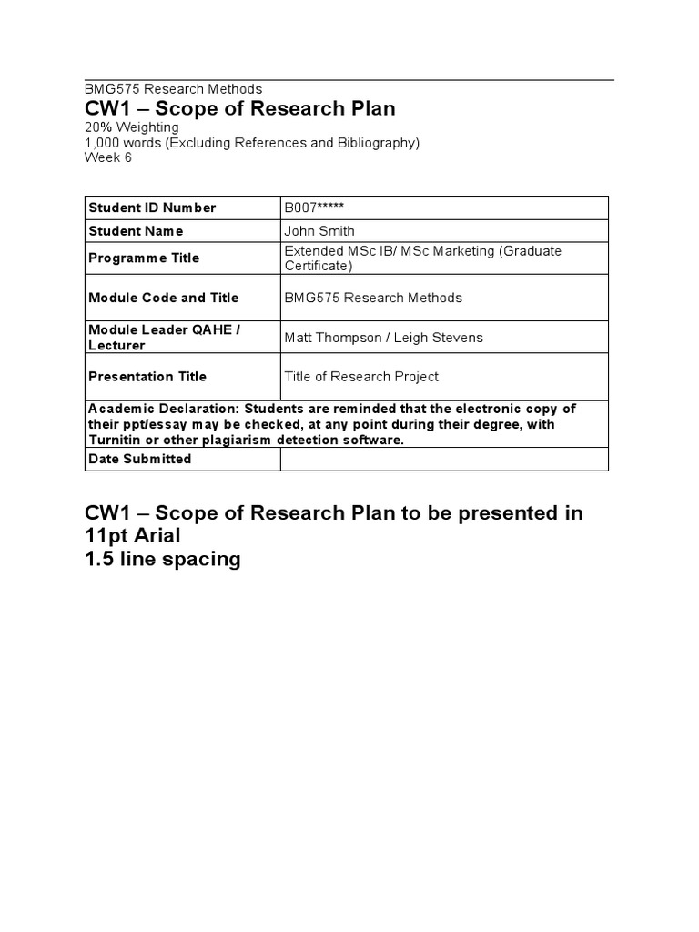 BMG575 Research Methods CW1 Research Plan Template JAN 23 (2) | PDF ...