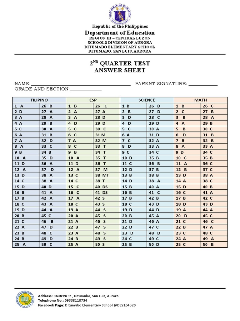 2nd Quarter Test Answer Sheet | PDF | Philippines