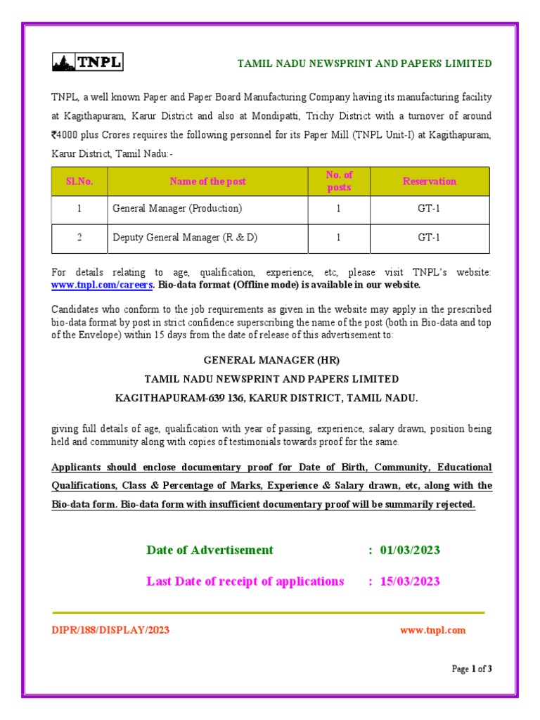 TNPL General Manager Posts Notifcation | PDF | Paper | Newsprint