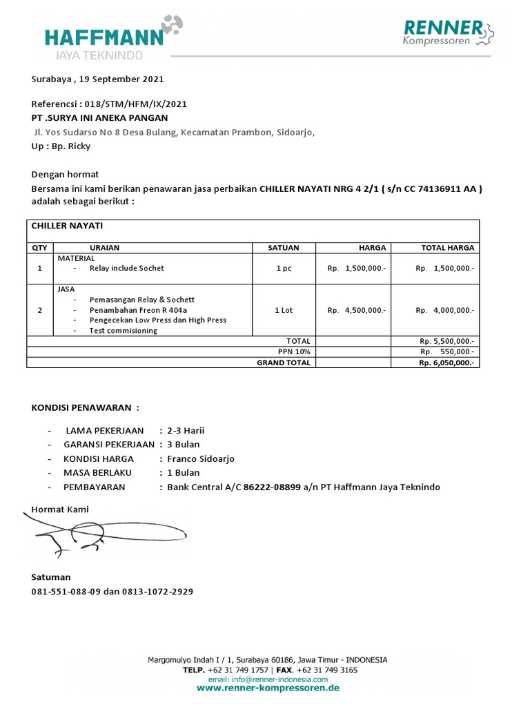 Penawaran Perbaikan Chiller Nayati | PDF