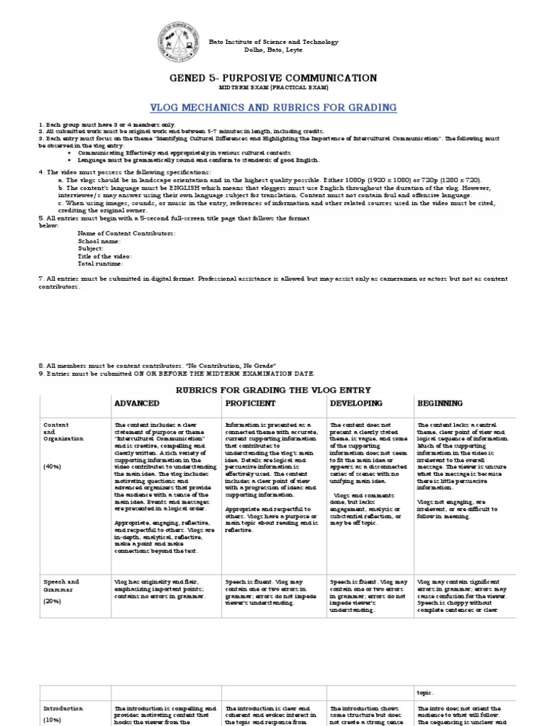 Mechanics and Rubrics For Vlog Entry | PDF