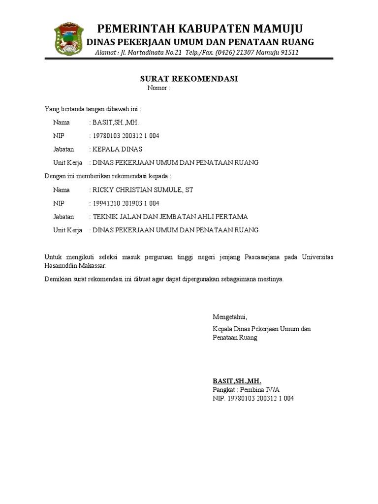 SURAT REKOMENDASI Dinas | PDF