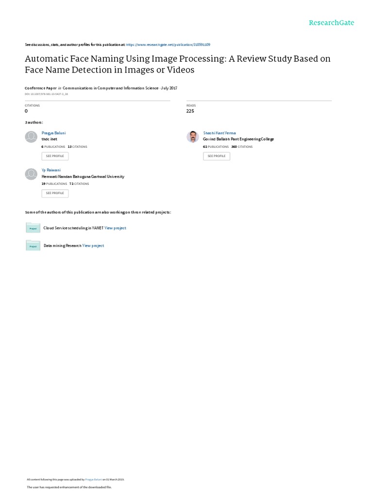 Automatic Face Naming Using Image Processing A Rev Pdf Pdf Biometrics Computing