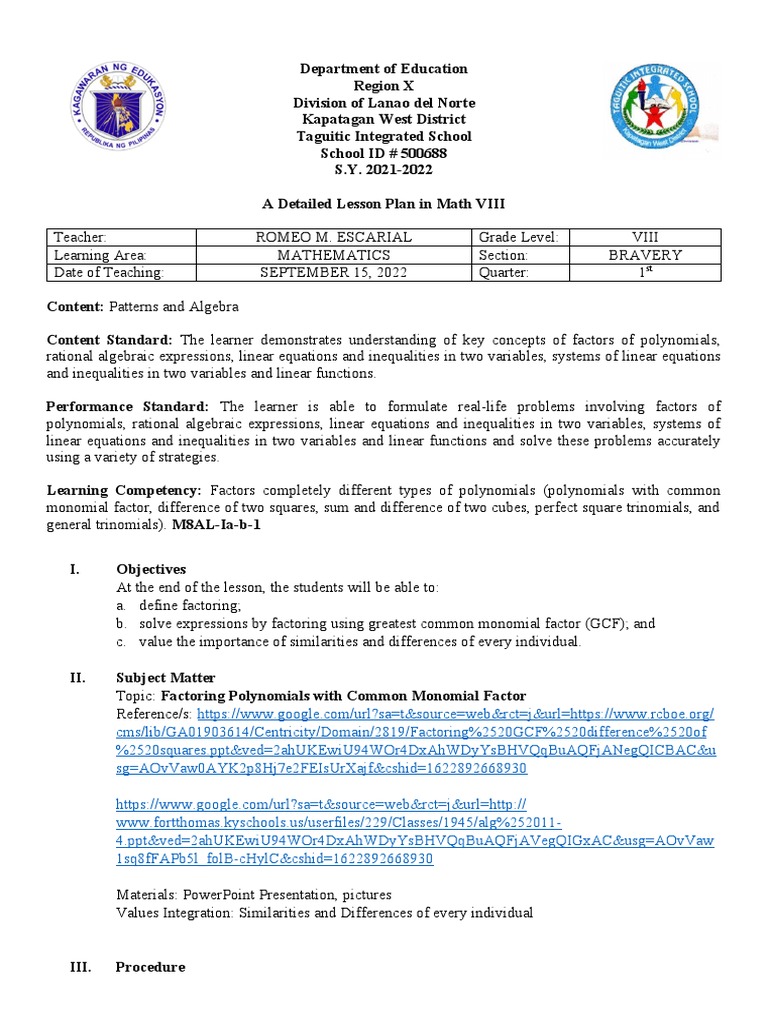 COT 1 2022-23 - Edited - Final | PDF | Factorization | Polynomial