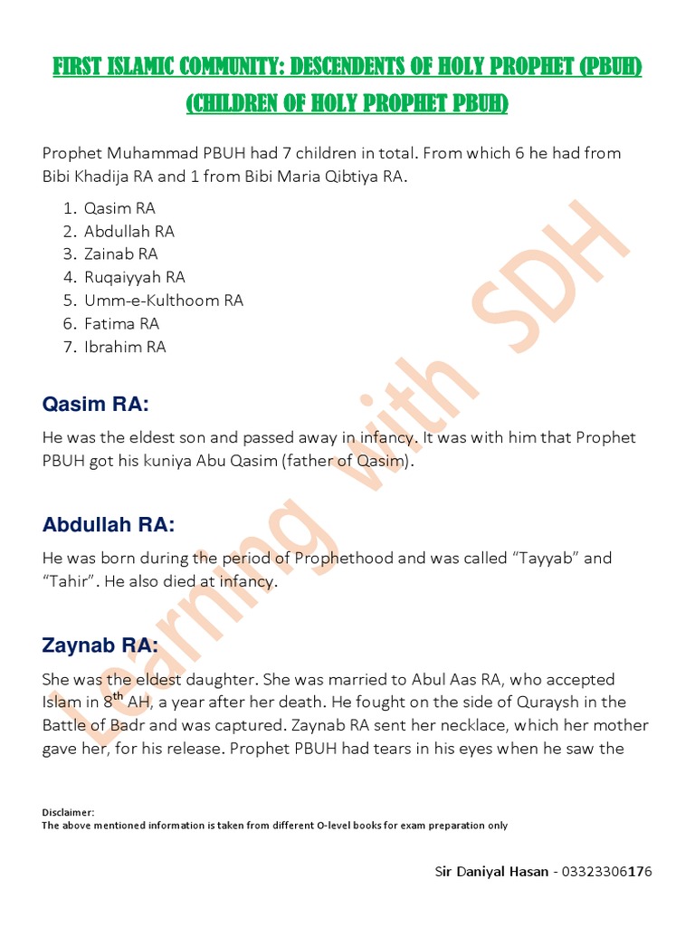 Children of Prophet Muhammad (PBUH) | PDF