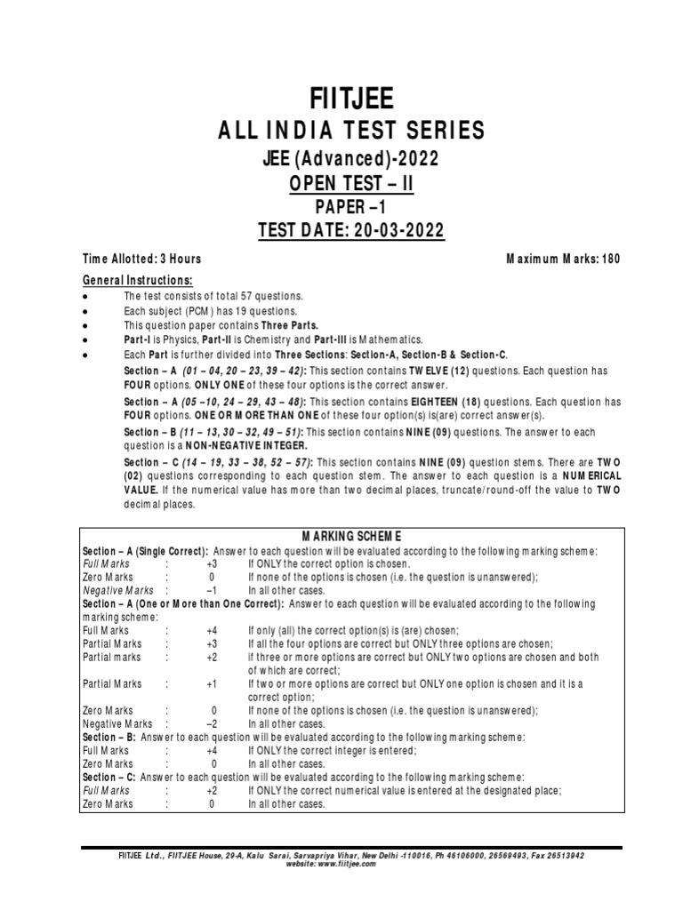 JEE Advanced 2022 Open Test II Paper 1 | PDF | Maxima And Minima | Mole ...