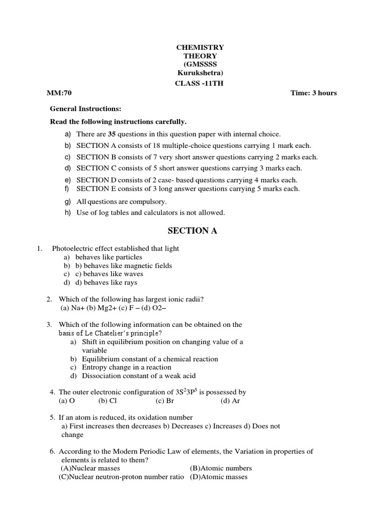 Chemistry Exam: MCQs & Answers | PDF | Chemical Equilibrium | Chemistry
