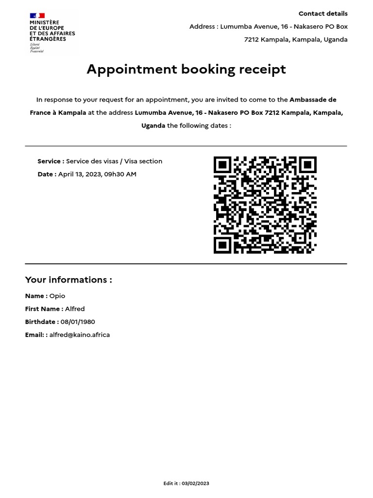 Visa Appointment Receipt - Kampala | PDF | Travel