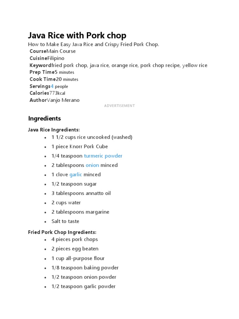 Java Rice With Pork Chop | PDF | Teaspoon | Garlic