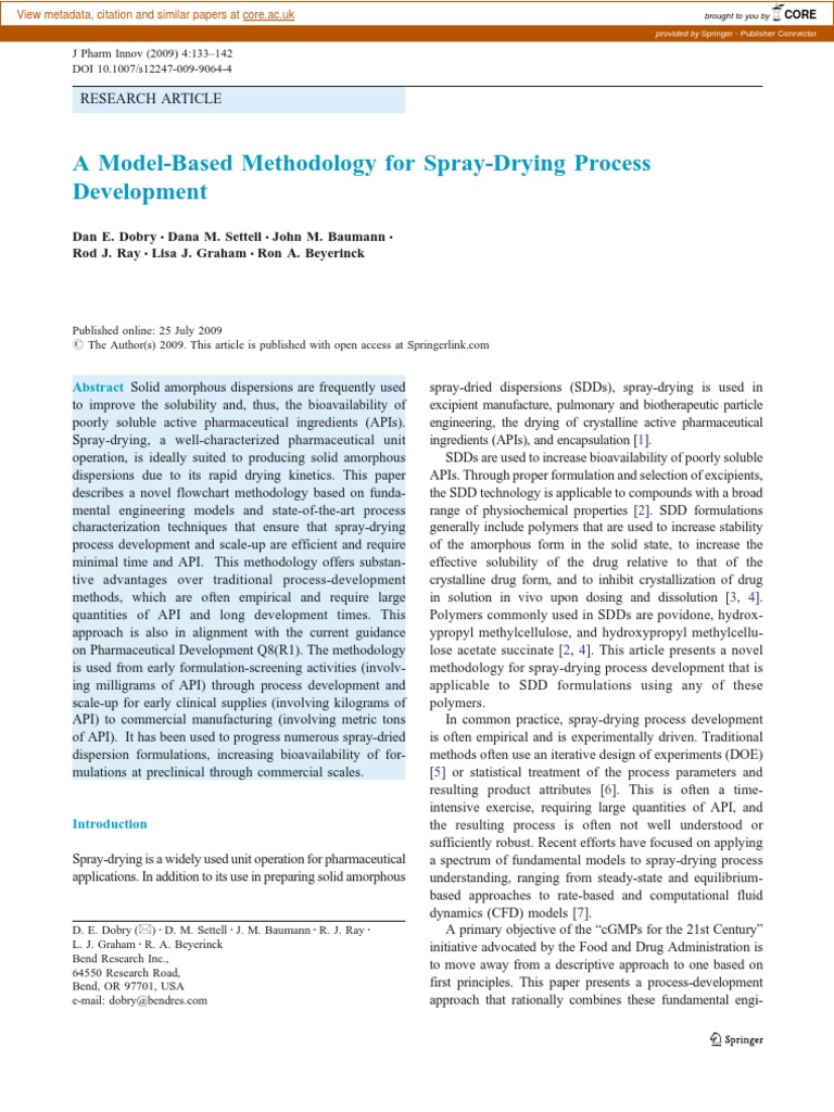 A Model Based Methodology For Spray Drying Process Development Pdf