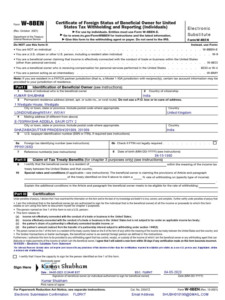 W-8BEN Electronic Signature Consent | PDF | Irs Tax Forms | Taxes
