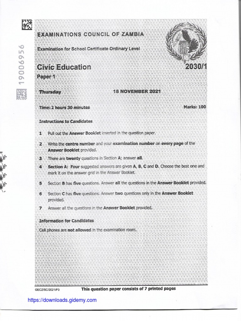 2021 Grade 12 Civic Education Paper 1 PDF | PDF