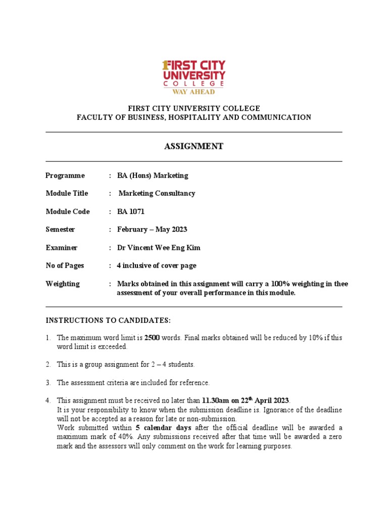 FEB-MAY 2023 MARKETING CONSULTANCY Assignment Updated 17.1.17 | Descargar gratis PDF | Theory ...