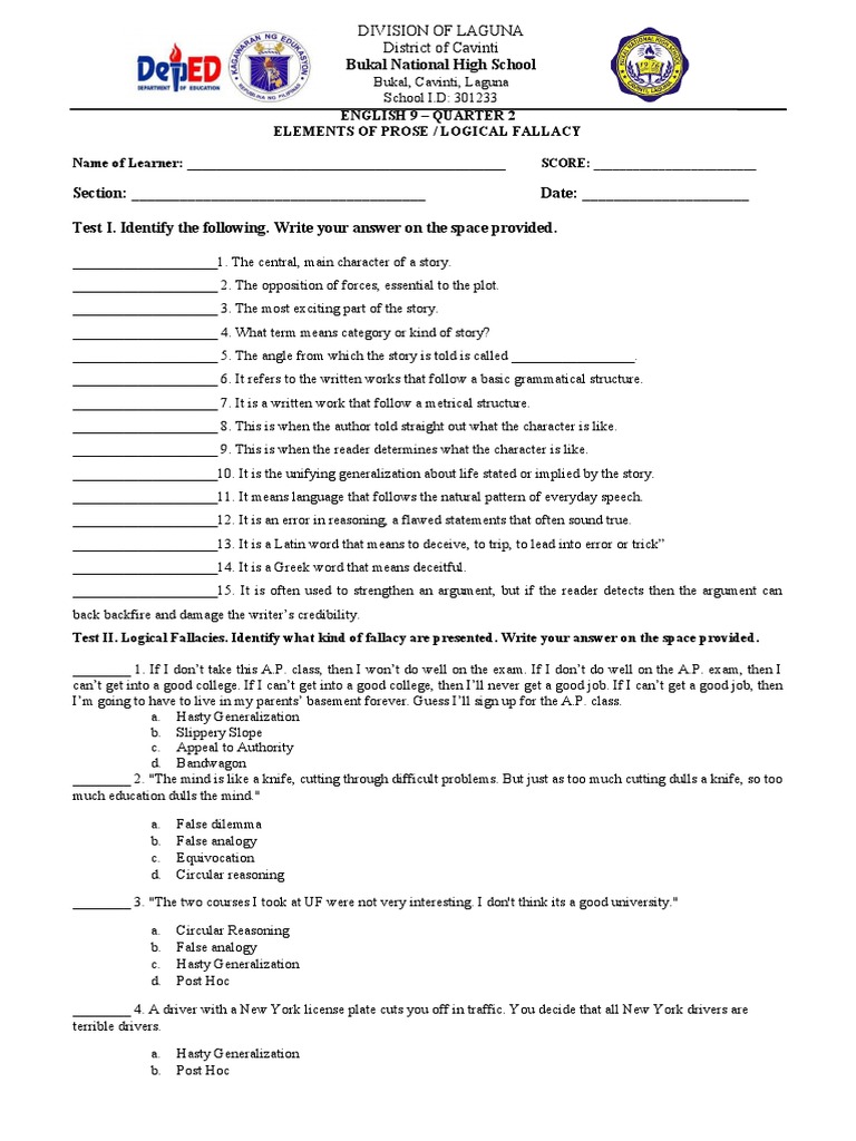 G9 Q2 - ELEMENTS OF PROSE - Logical Fallacy Quiz (No Answer) | PDF ...