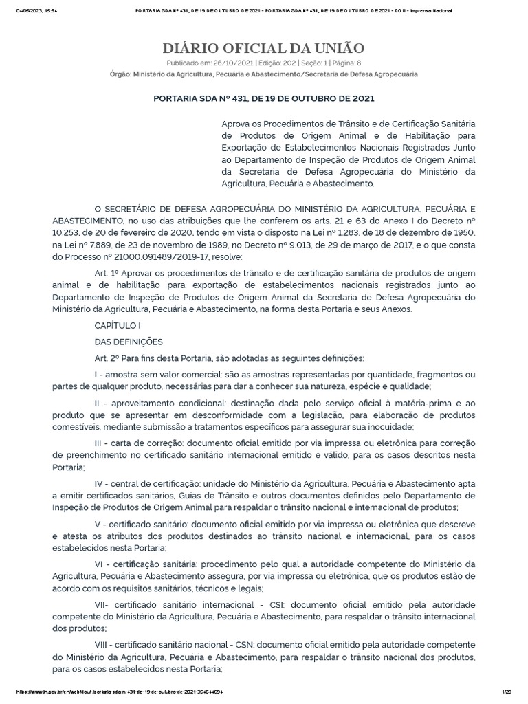 PORTARIA SDA #431, DE 19 DE OUTUBRO DE 2021 - PORTARIA SDA #431, DE 19 DE OUTUBRO DE 2021 - DOU ...