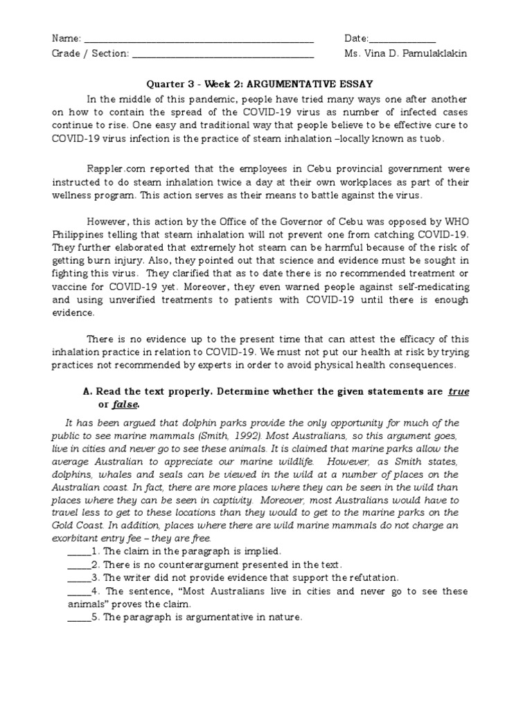 Argumentative Essay Grade 9 Activity | PDF | Virus | Health Sciences