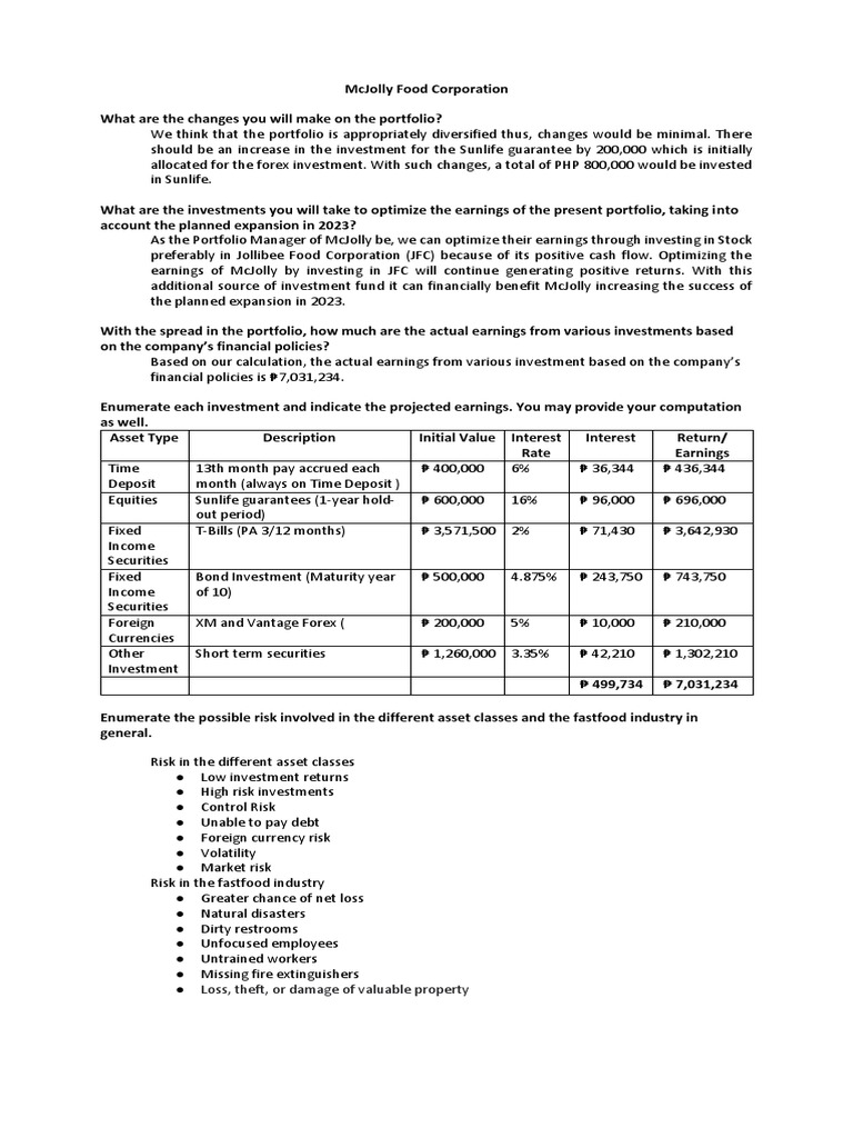 McJolly Food Corporation - Group A PDF | PDF | Investing | Foreign ...