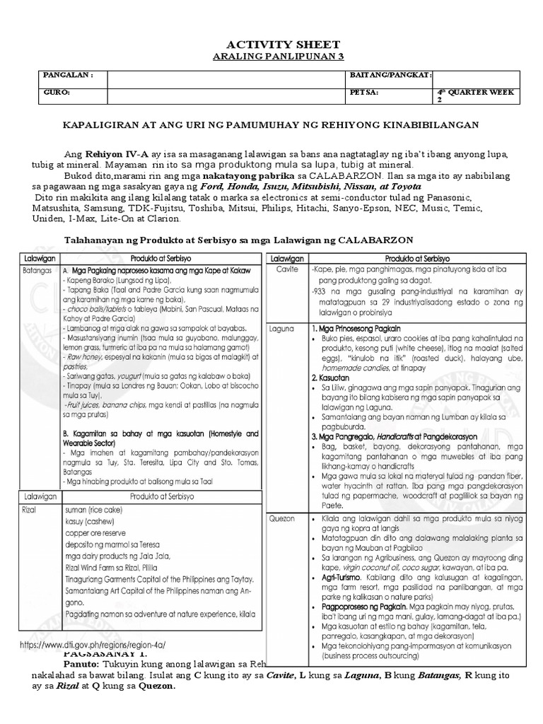 Answer Sheet in AP 3 q4 WK 2 | PDF