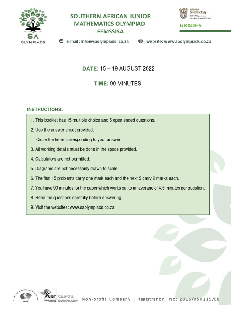 Grade 9 Maths Olympiad 2022 Paper | PDF | Area | Elementary Mathematics