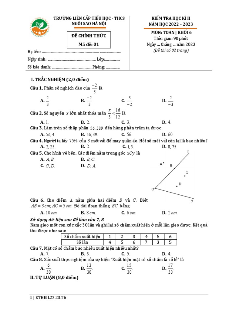 De Hoc Ki 2 Toan 6 Nam 2022 2023 Truong TH Thcs Ngoi Sao Ha Noi | PDF