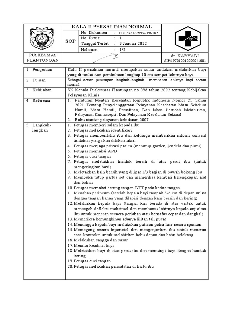 Sop Kala Ii Persalinan Normal | PDF