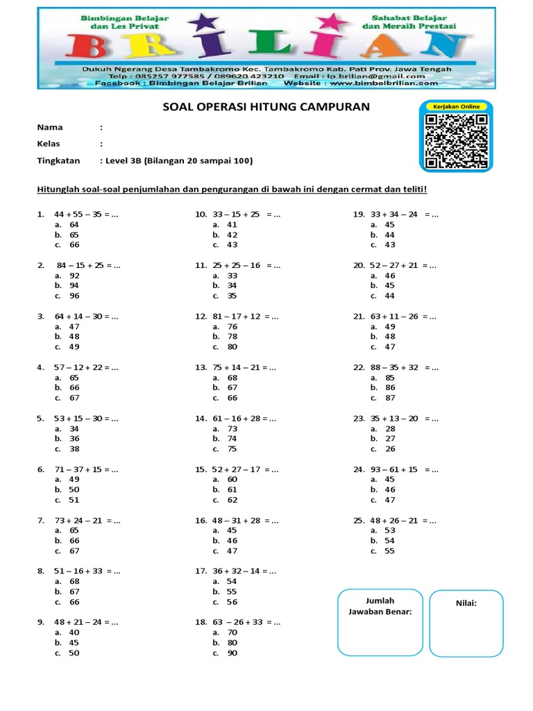 Operasi Hitung Campuran Level 3B Bilangan 20 Sampai 100 Pilihan Ganda ...