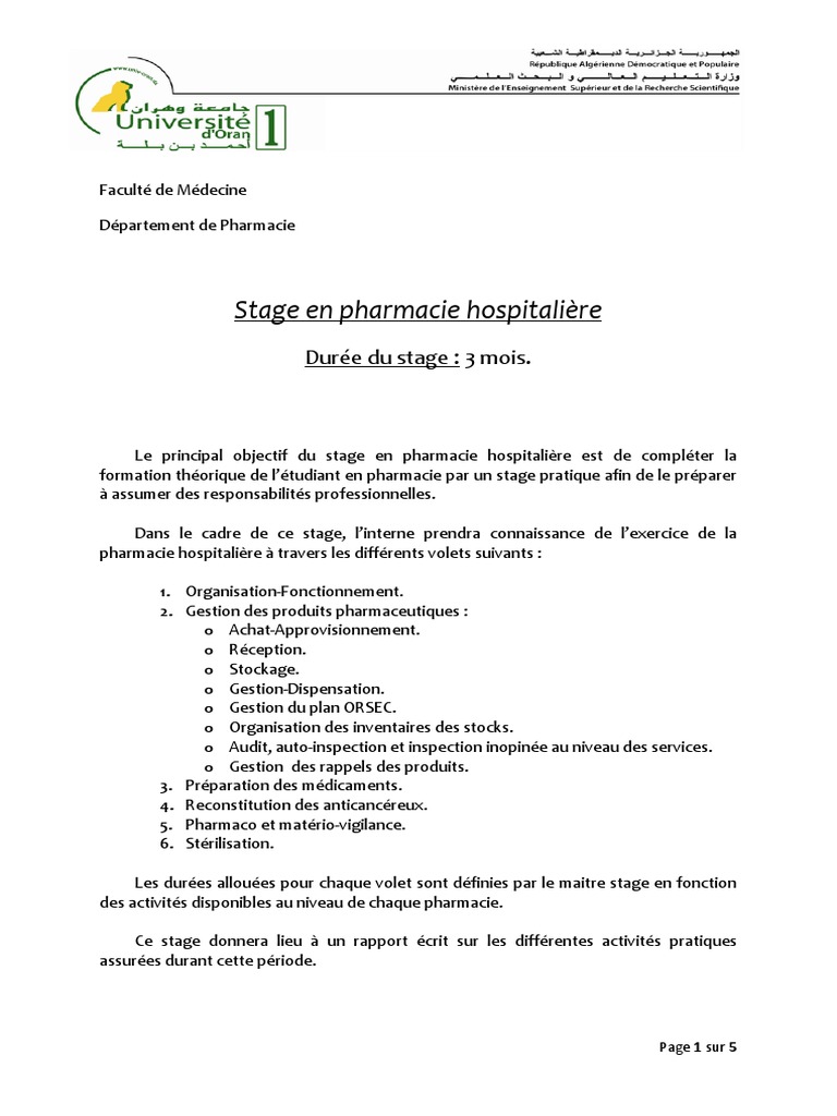 Objectifs Du Stage de Pharmacie Hospitaliere | PDF | Pharmacie ...