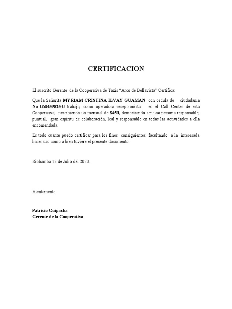 CERTIFICADO DE TRABAJO Con Sueldo | PDF