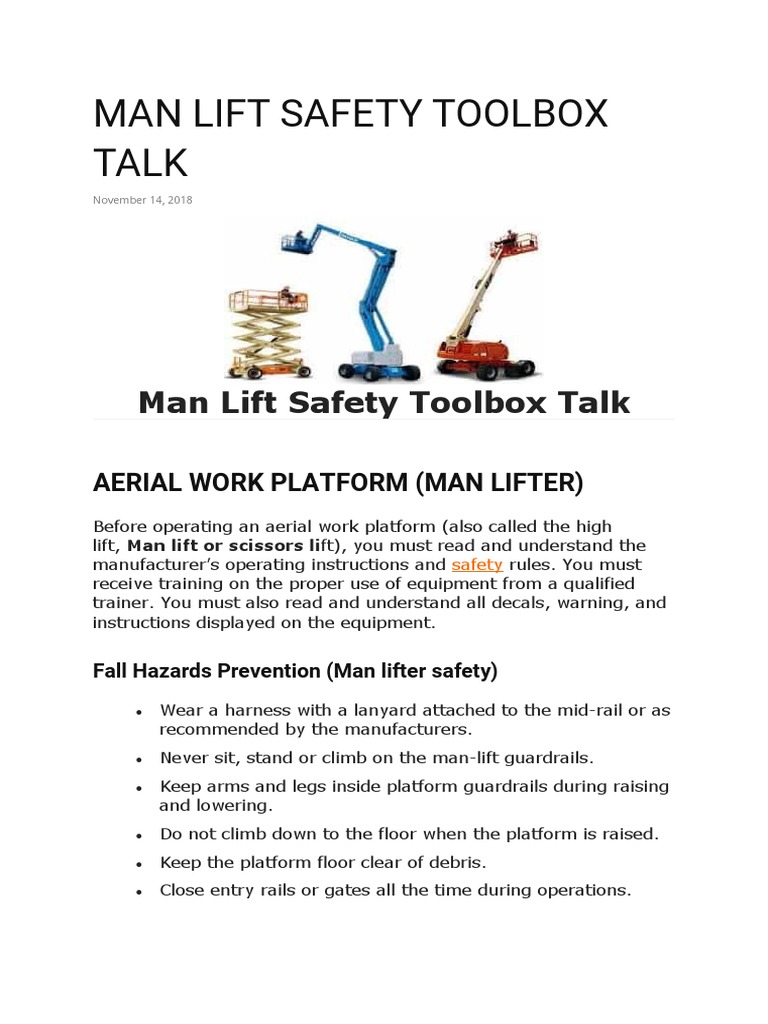 Man Lift Safety Toolbox Talk | PDF | Elevator | Manufactured Goods