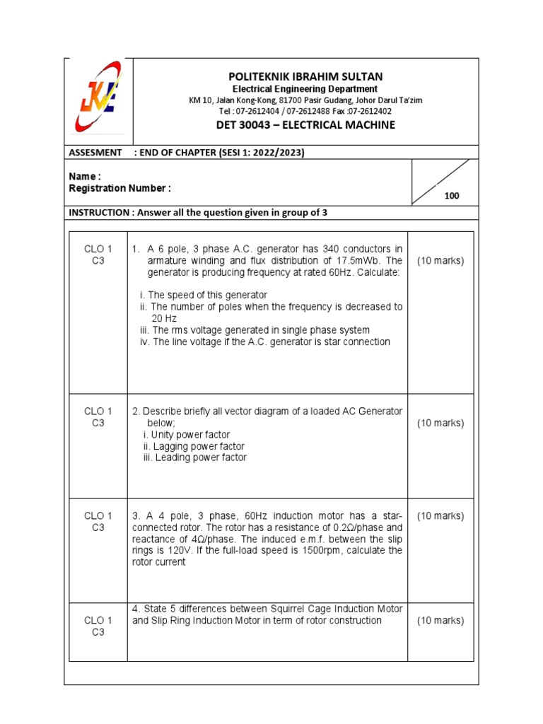 Electrical Machine Assessment: End of Chapter Questions Covering AC ...