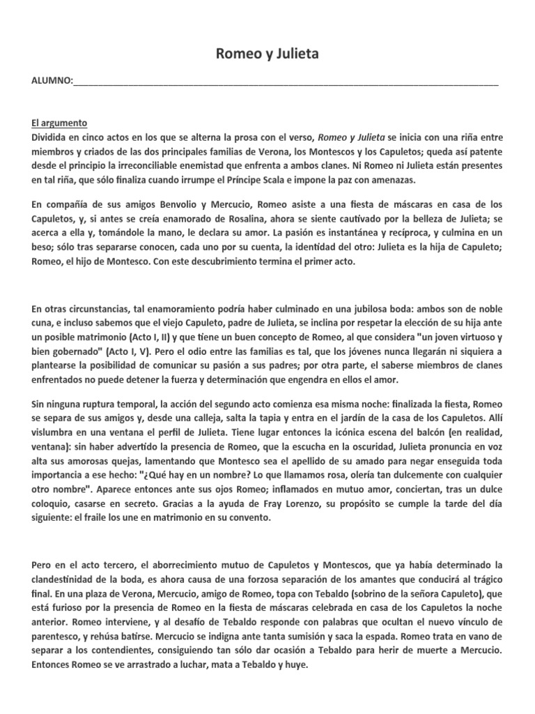 Romeo y Julieta RESUMEN | PDF | Romeo y Julieta | Tragedias de Shakespeare