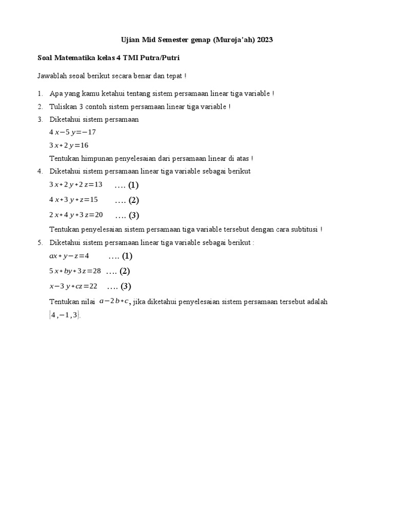 Soal Matematika Ujian Mid Semester Genap 2022 2023 | PDF