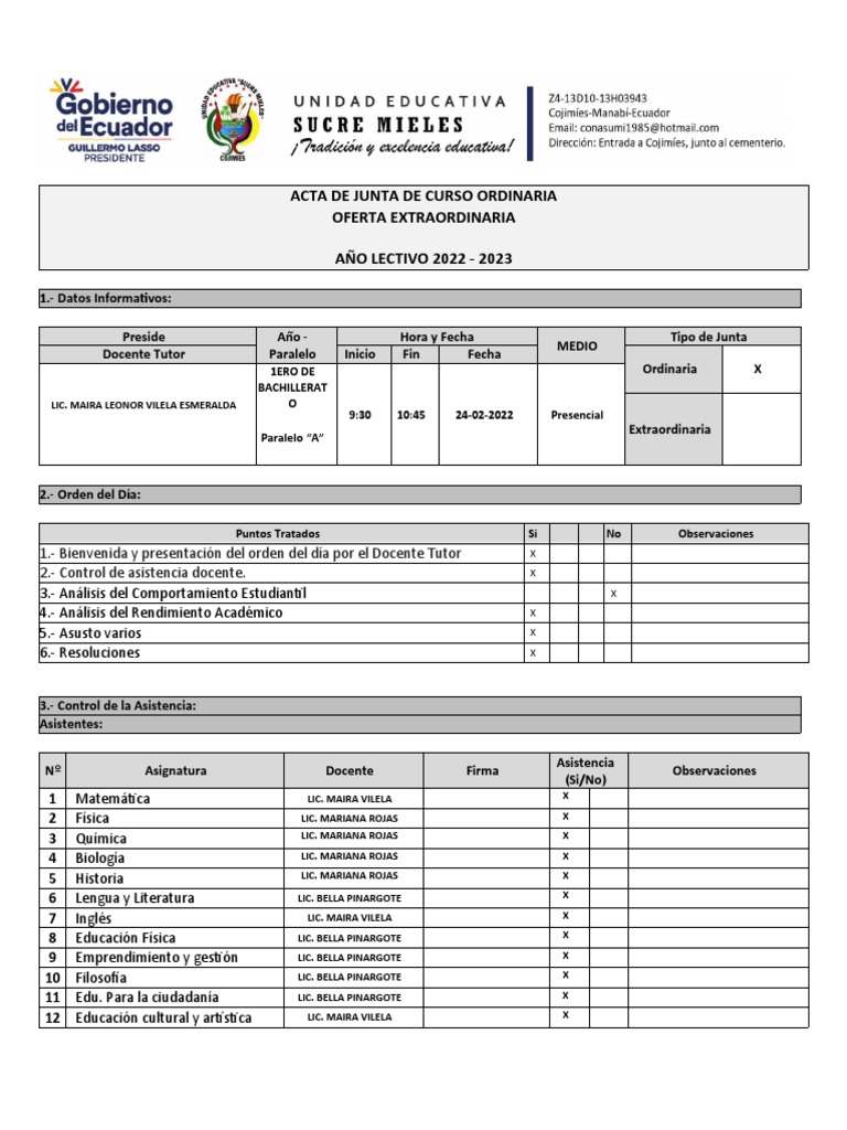Acta Ordinaria 1ero Bgu Paralelo A | PDF
