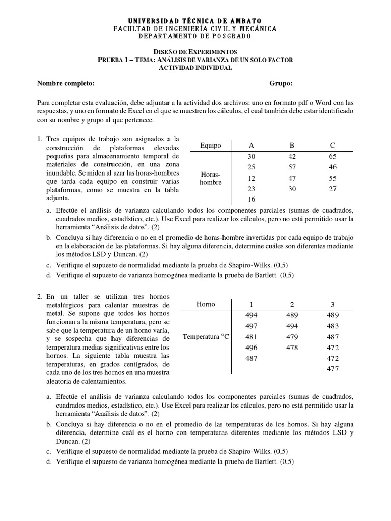 Prueba 1 - ANOVA Un Factor | PDF | Análisis de variación | Estadísticas