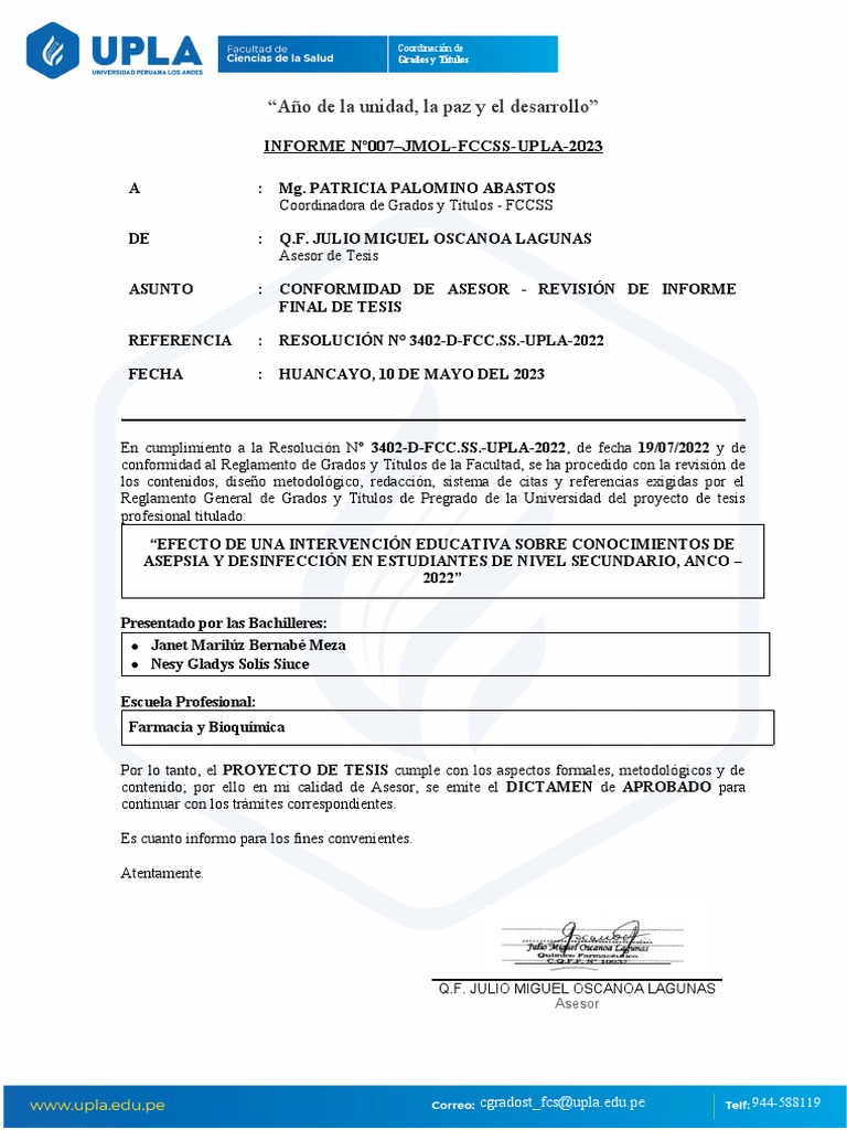 INFORME DE APROBACIÓN - ASESOR - INFORME FINAL DE TESIS - (Solis Siuce ... INFORME DE APROBACIÓN - ASESOR - INFORME FINAL DE TESIS - (Solis Siuce ...