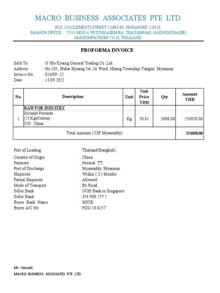 MACRO BUSINESS ASSOCIATES PTE LTD Proforma Invoice | PDF