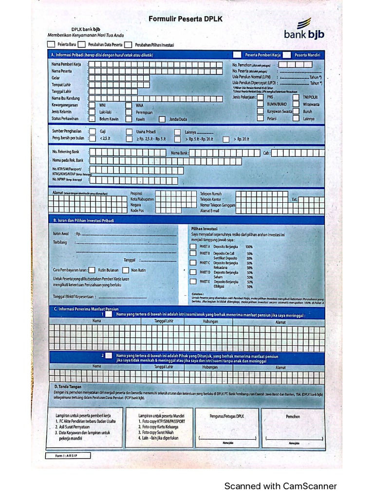 Form DPLK - BJB TAMANSARI PDF | PDF