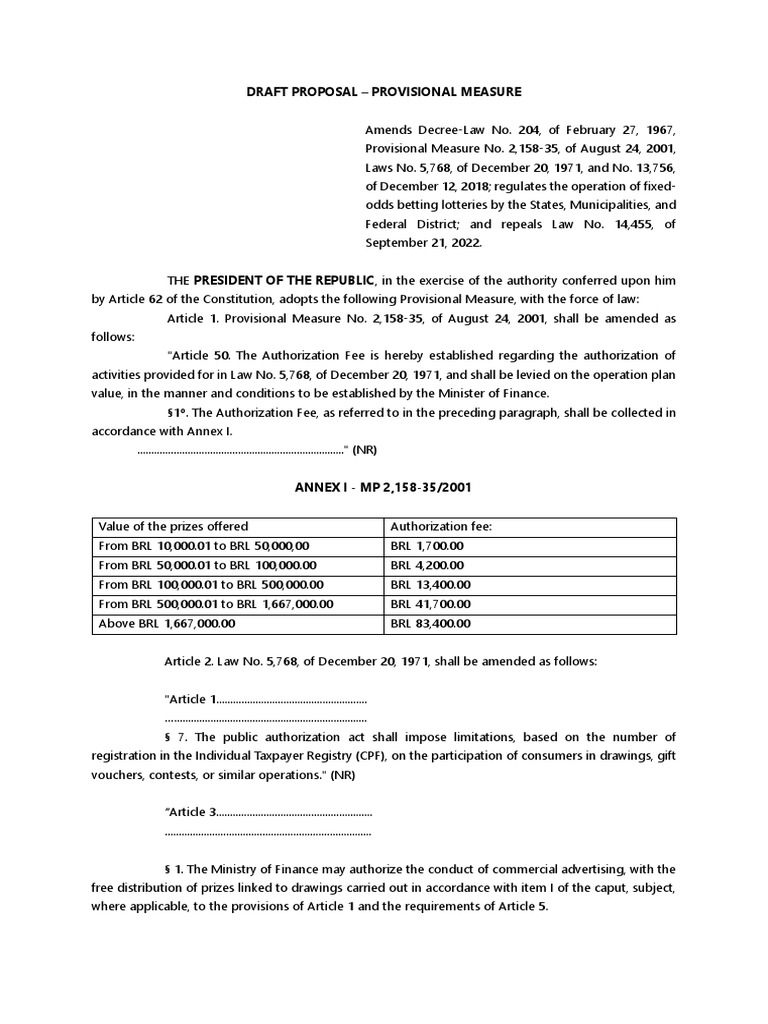 Draft Proposal - Provisional Measure | PDF | Gambling | Regulatory ...