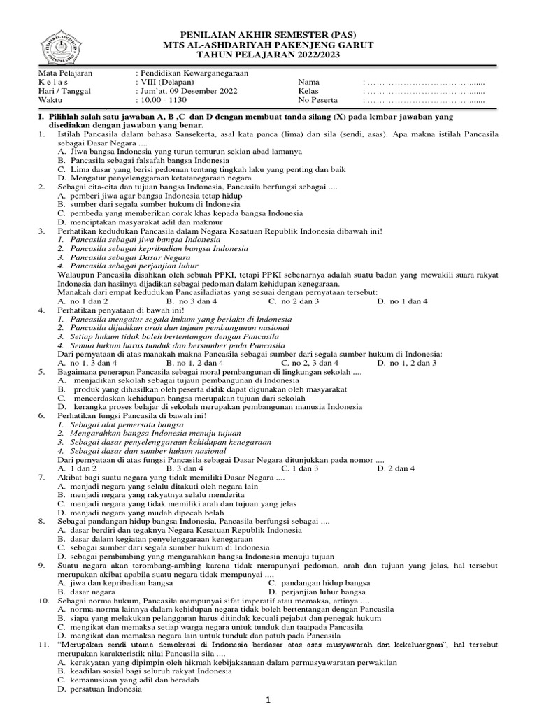 SOAL PAS PPKN KELAS 8 2022 | PDF | Politik