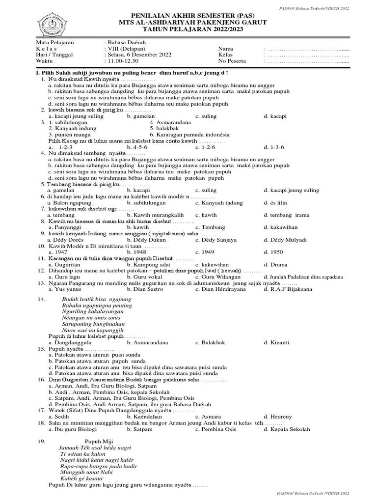 Soal Pas Basa Sunda KLS 8 2022 | PDF | Seni