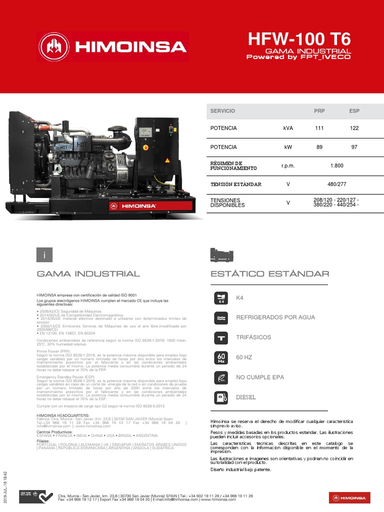 Especificaciones HFW-100 T6 Himoinsa | PDF | Energia electrica ...