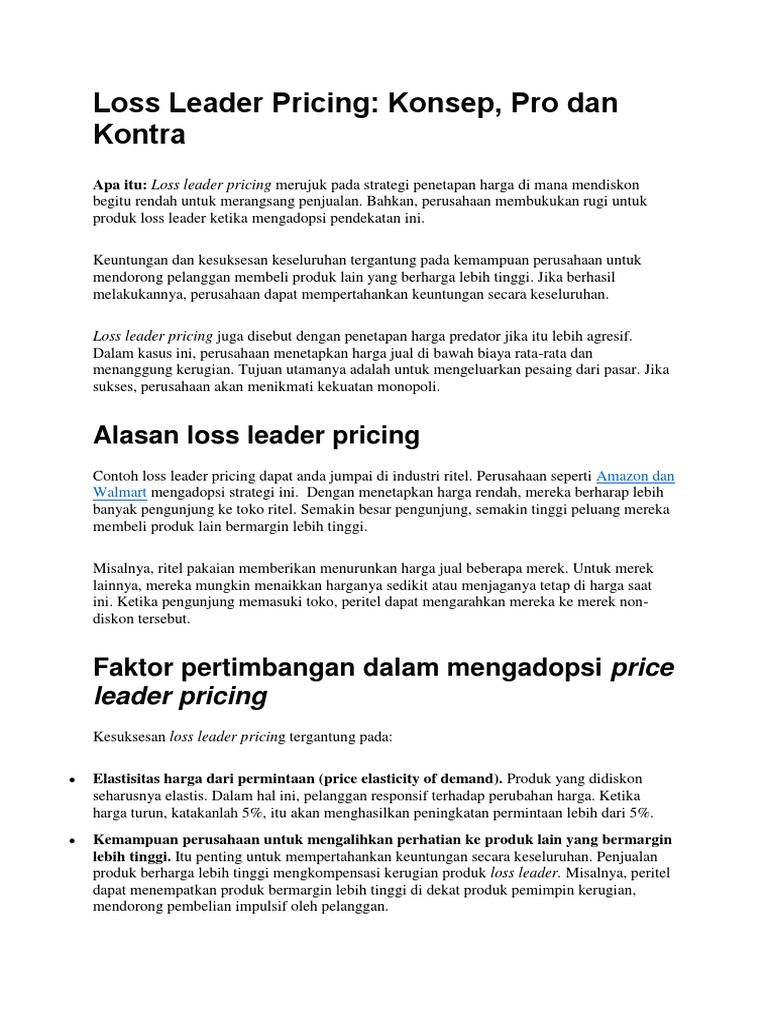 Loss leader pricing: Manfaat dan tantangan strategi penetapan harga predator | PDF