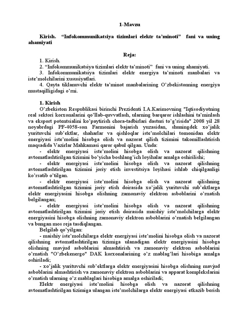 1-Mavzu Kirish. "Infokommunikatsiya Tizimlari Elektr Ta'minoti" | PDF