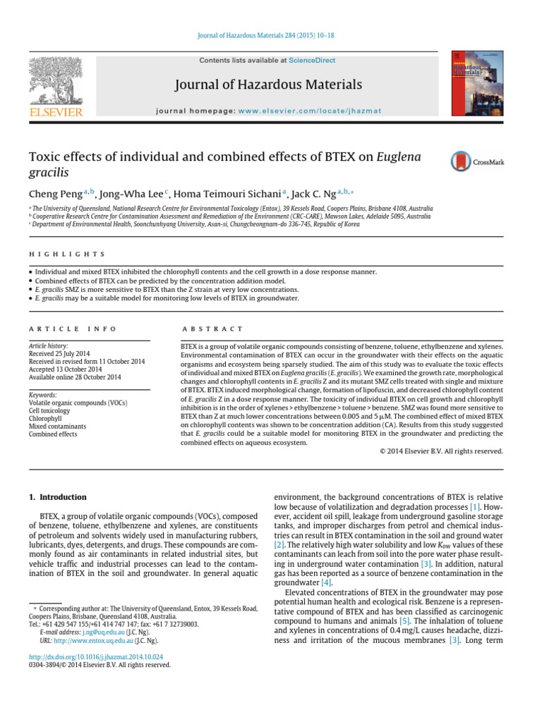 Toxic Effects of Individual and Combined Effects of BTEX On Euglena Gracilis | PDF | Benzene ...