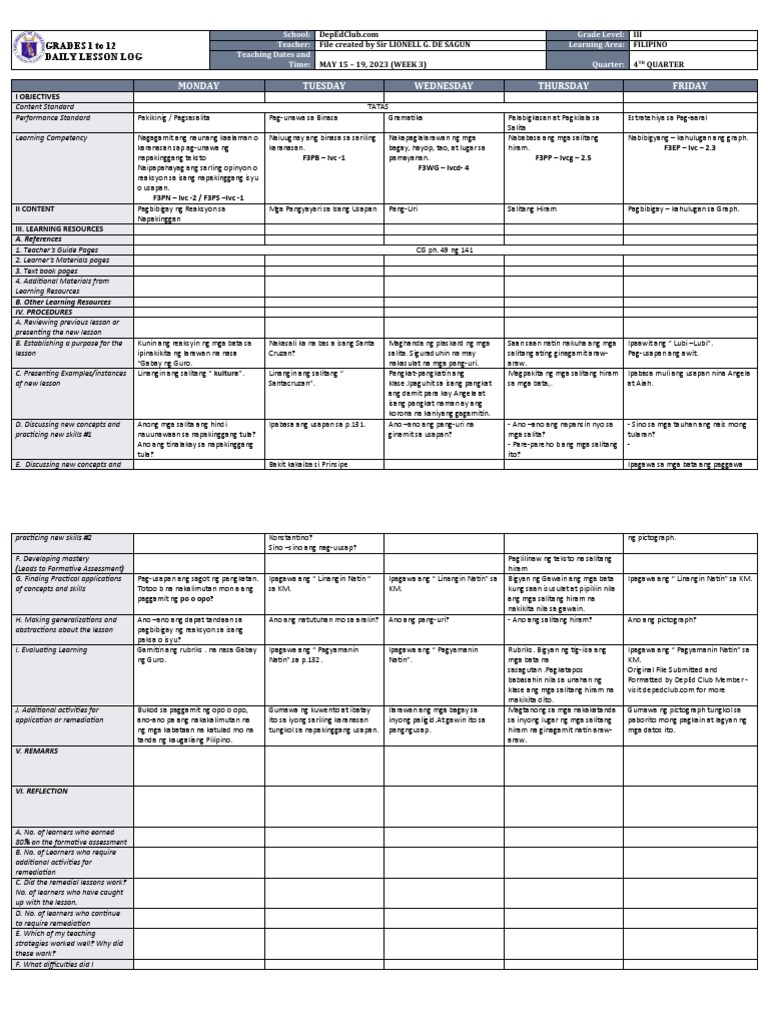 DLL - Filipino 3 - Q4 - W3 | PDF