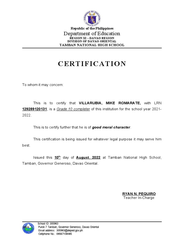 Good Moral Character Certification | PDF