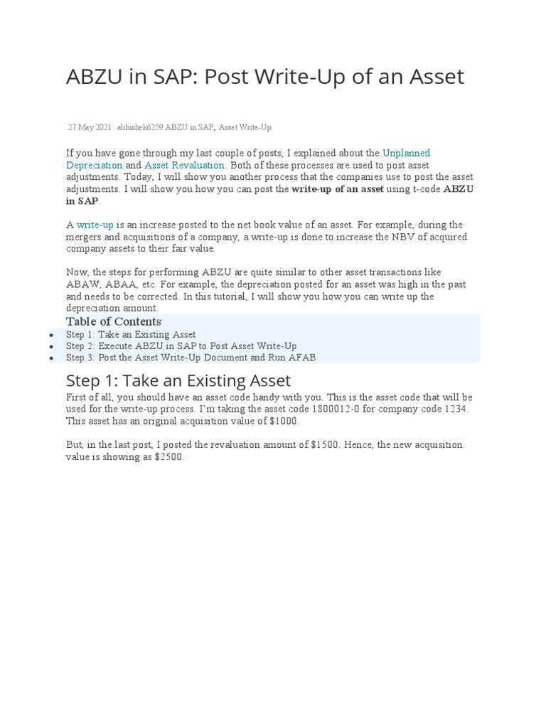 ABZU in SAP - Post Write-Up of An Asset | PDF | Depreciation | Book Value